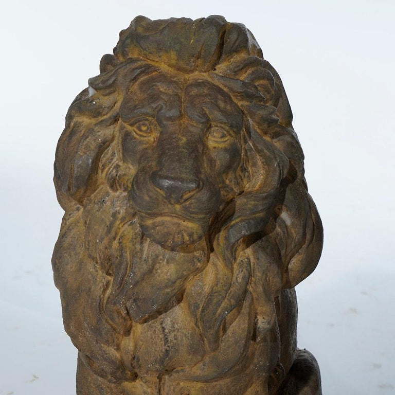 Pair Cast Hard Stone Classical Seated Lion Statues in Bronzed Finish ...