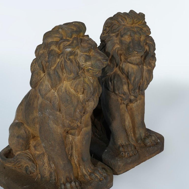 Pair Cast Hard Stone Classical Seated Lion Statues in Bronzed Finish ...