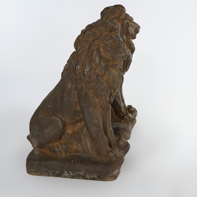 Pair Cast Hard Stone Classical Seated Lion Statues in Bronzed Finish ...