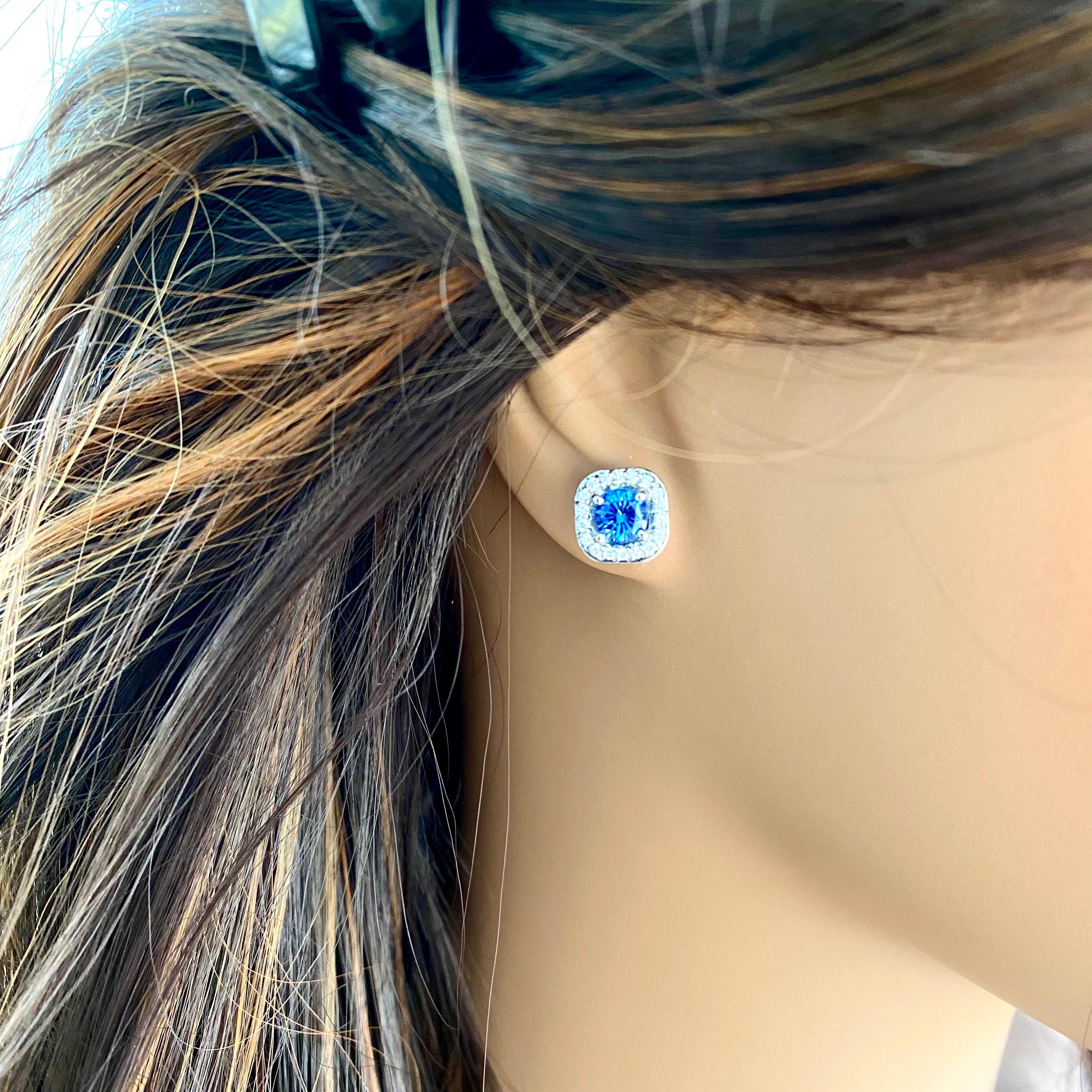 Pair Ceylon Sapphire and Diamond White Gold Square Shaped Stud Earrings ...