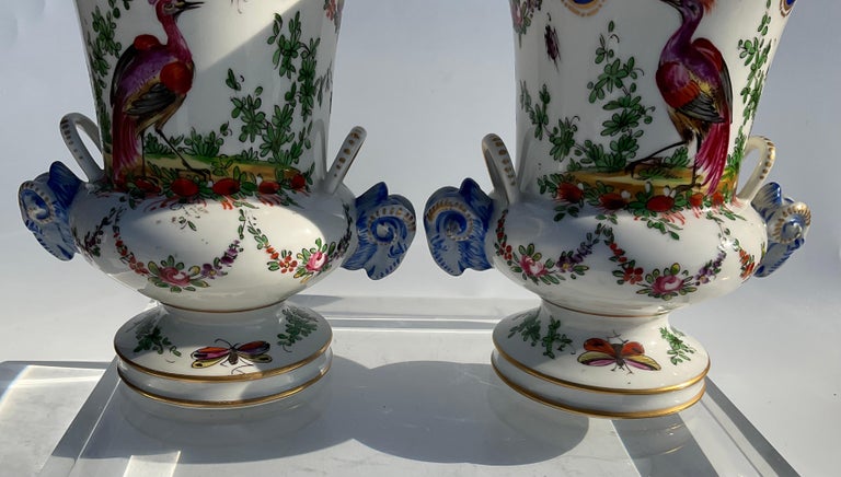 Pair Chelsea Porcelain Pair Decorative Bird Vases with Rams Head ...