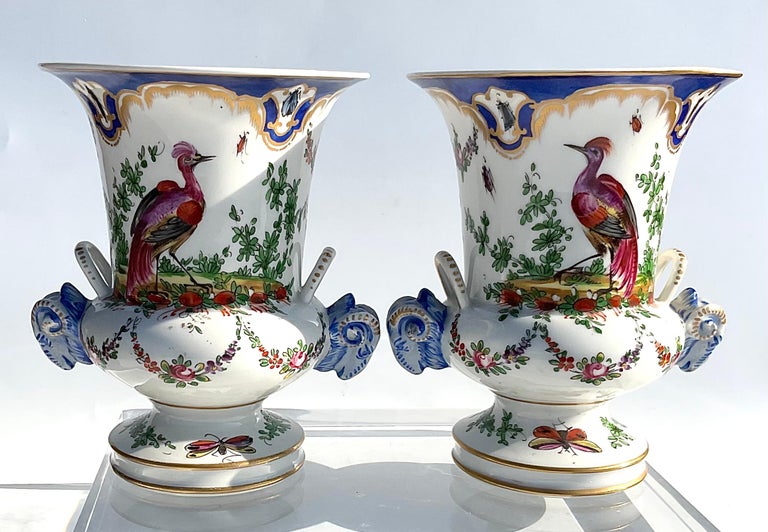 Pair Chelsea Porcelain Pair Decorative Bird Vases with Rams Head ...