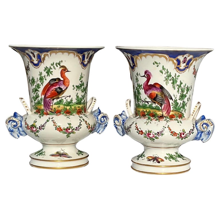 Pair Chelsea Porcelain Pair Decorative Bird Vases with Rams Head ...