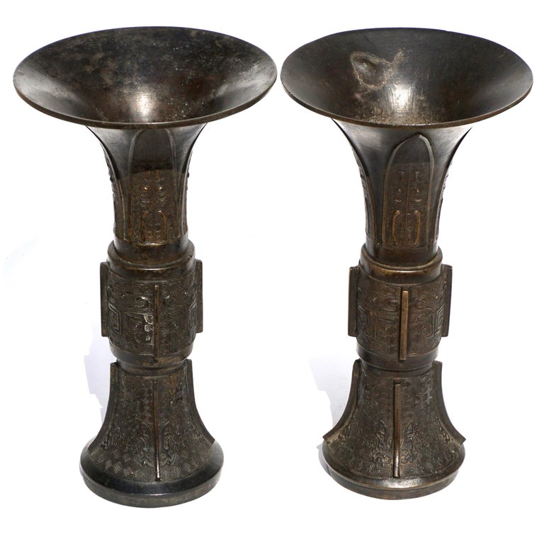 Pair Chinese 18th Century Late Ming Bronze Archaistic Gu Vases For Sale ...