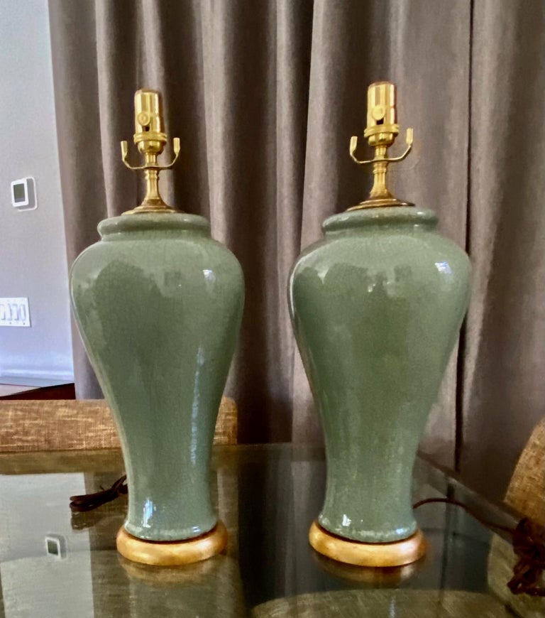 Pair Chinese Asian Celadon Crackle Porcelain Table Lamps For Sale at ...