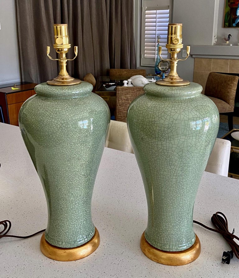 Pair Chinese Asian Celadon Crackle Porcelain Table Lamps For Sale at ...