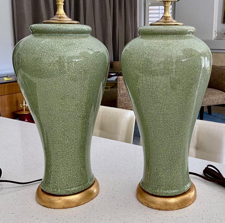 Pair Chinese Asian Celadon Crackle Porcelain Table Lamps For Sale at ...