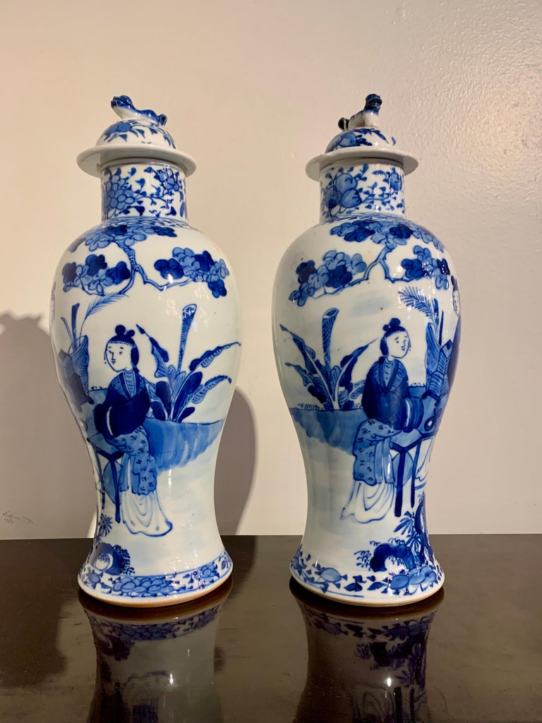 Pair Chinese Blue and White Covered Baluster Vases, Late 19th Century ...