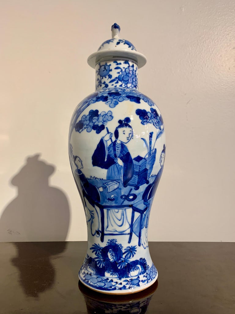 Pair Chinese Blue and White Covered Baluster Vases, Late 19th Century ...