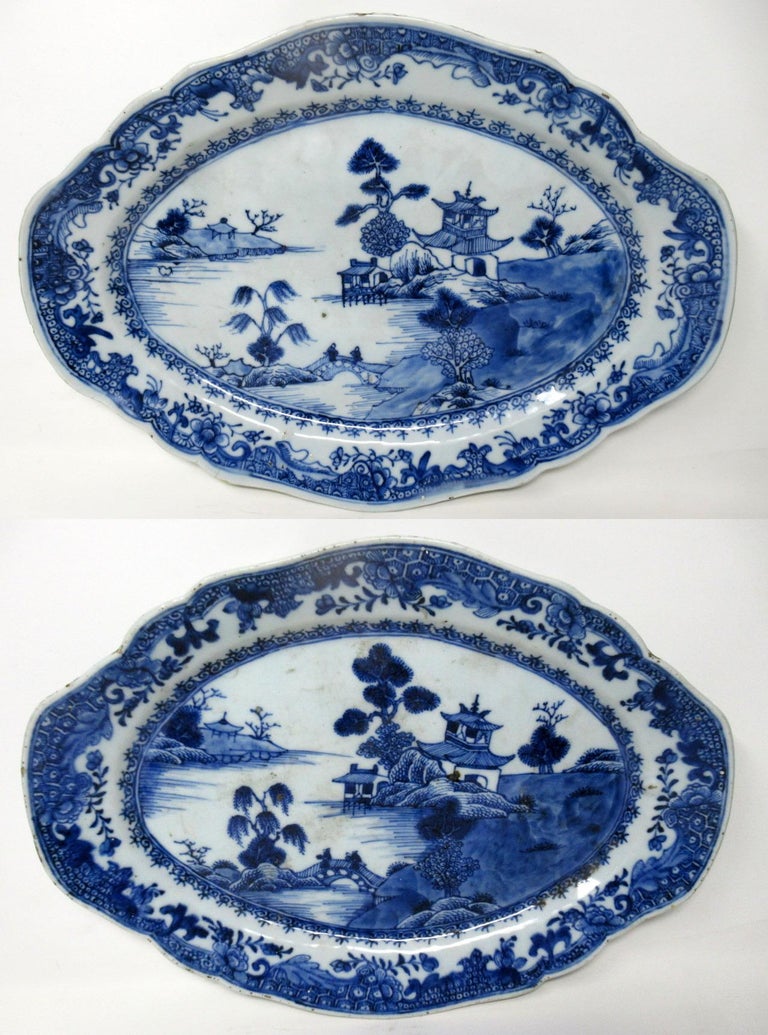 Pair of Chinese Canton Porcelain Blue White Plates Dishes Qianlong ...