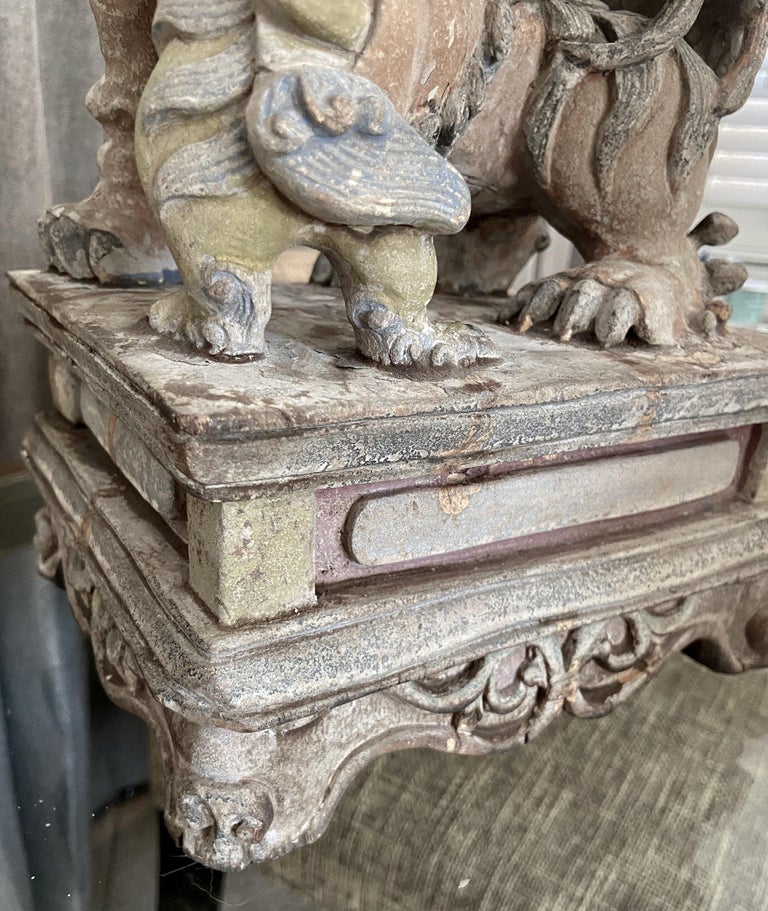 Pair Chinese Caved Wood Guardian Lions Foo Dogs For Sale at 1stDibs