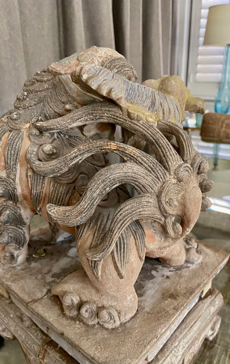 Pair Chinese Caved Wood Guardian Lions Foo Dogs For Sale at 1stDibs
