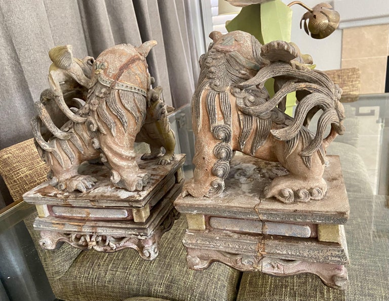 Pair Chinese Caved Wood Guardian Lions Foo Dogs For Sale at 1stDibs