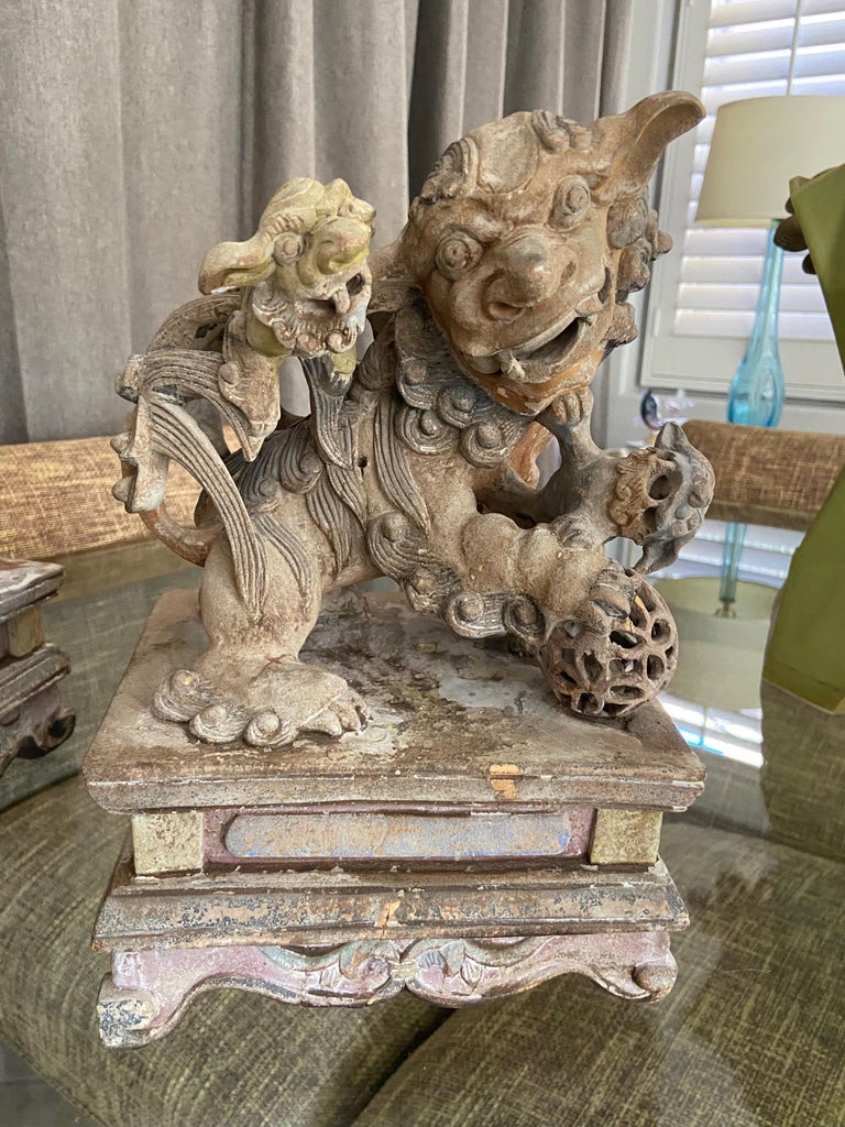 Pair Chinese Caved Wood Guardian Lions Foo Dogs For Sale at 1stDibs