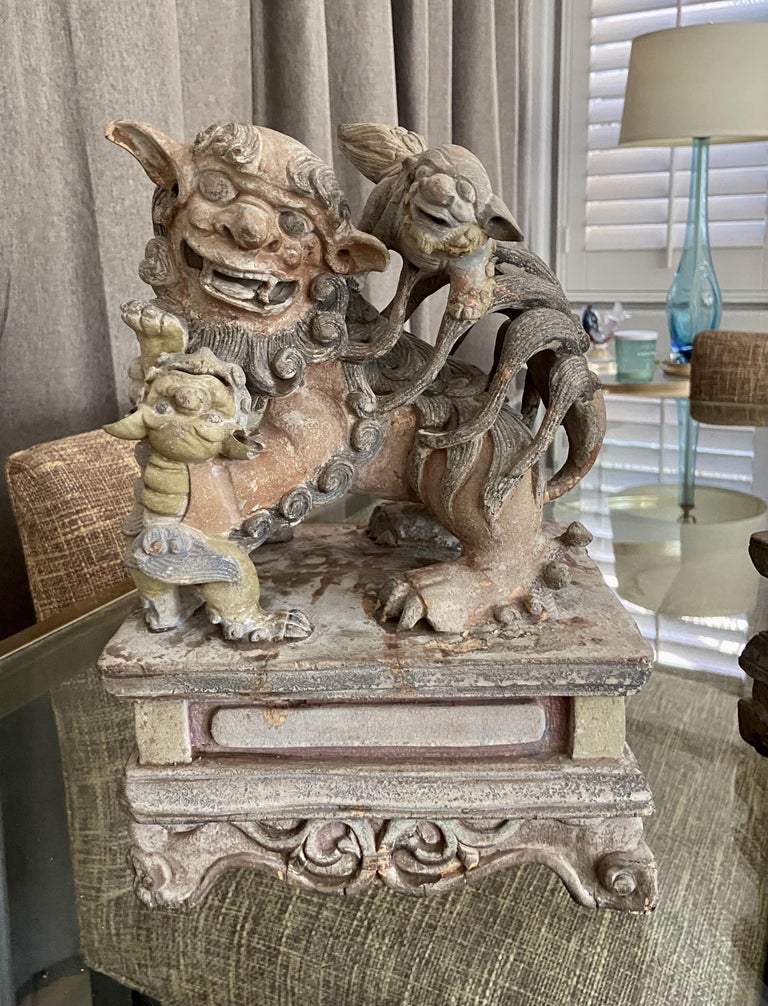 Pair Chinese Caved Wood Guardian Lions Foo Dogs For Sale at 1stDibs