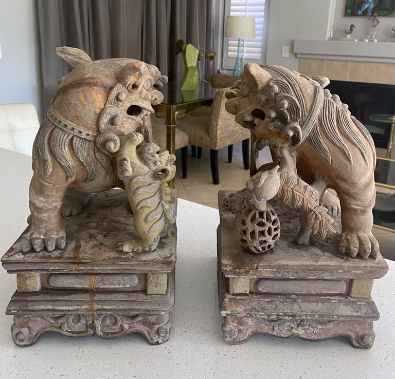 Pair Chinese Caved Wood Guardian Lions Foo Dogs For Sale at 1stDibs