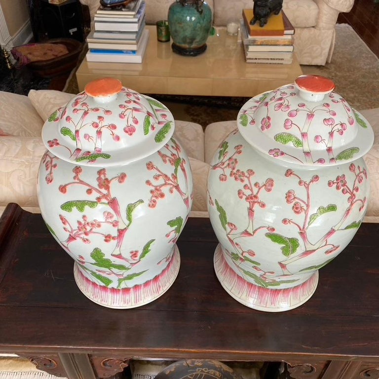 Pair Chinese Cherry Blossom Temple Jars For Sale at 1stDibs