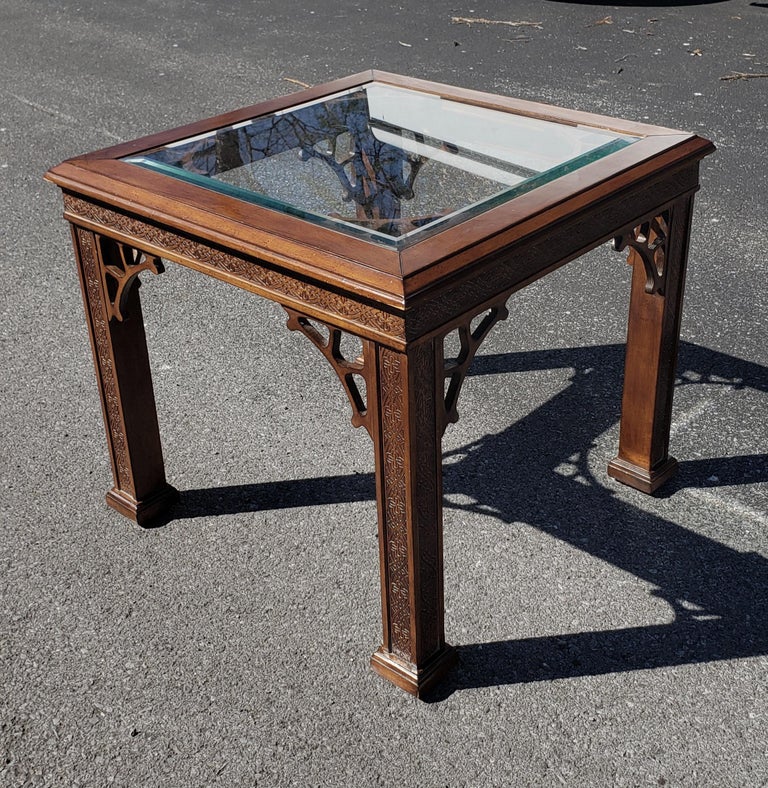 Pair Chinese Chippendale Fruitwood Glass Inset Side Tables For Sale at ...