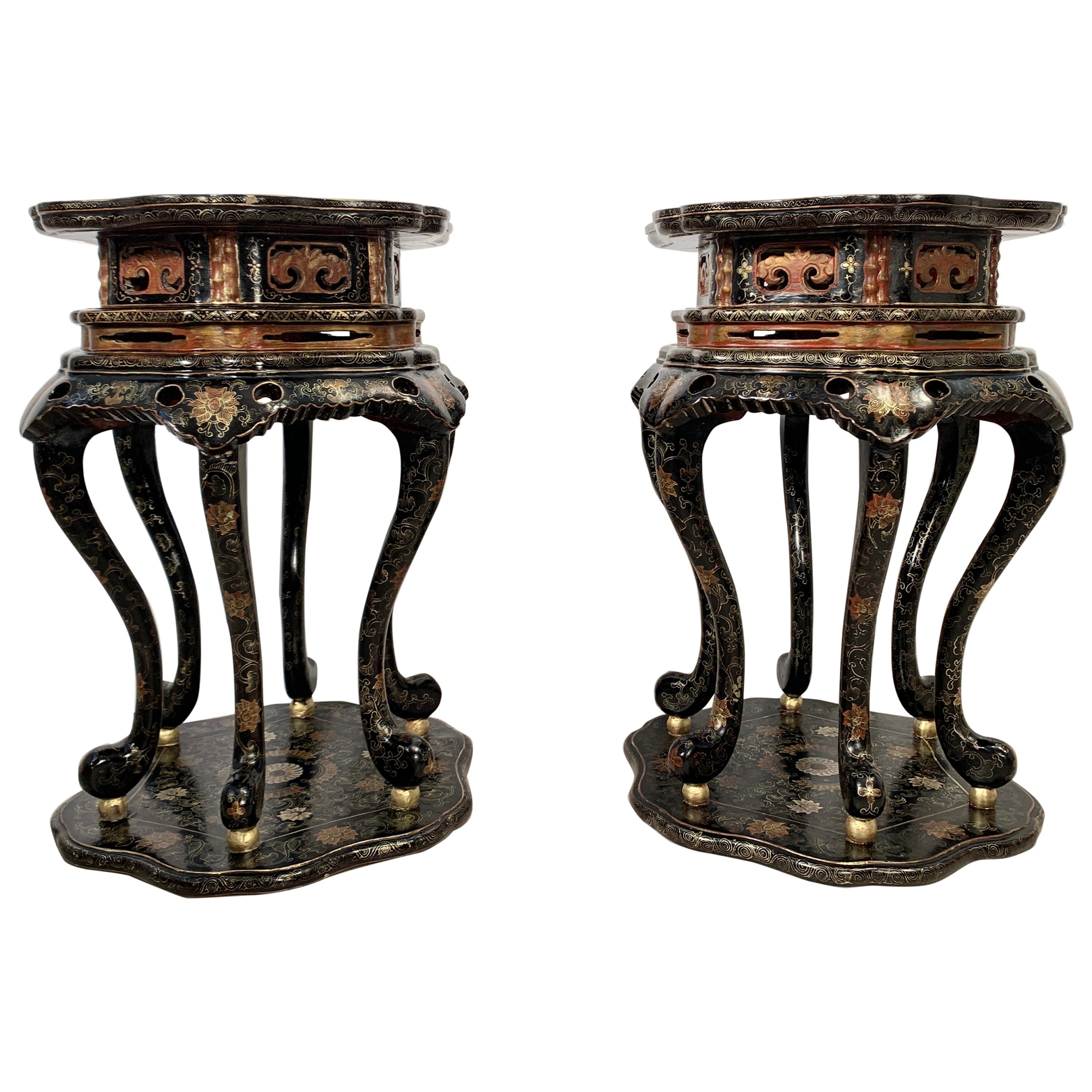 Pair of Chinese Export Parcel-Gilt Black Lacquer Side Tables at 1stDibs