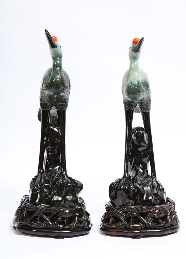 Pair Chinese Mottled Light Green Jadeite Carvings, Cranes on Carved ...
