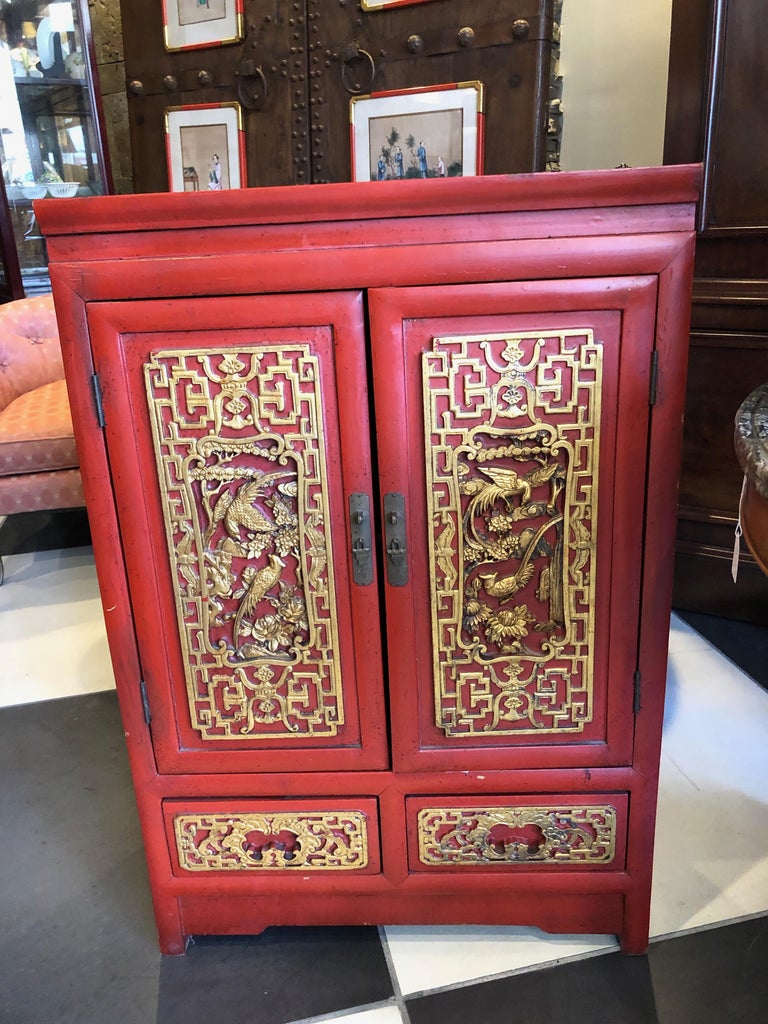 Pair Chinese Red Lacquered and Gold Cabinets at 1stDibs