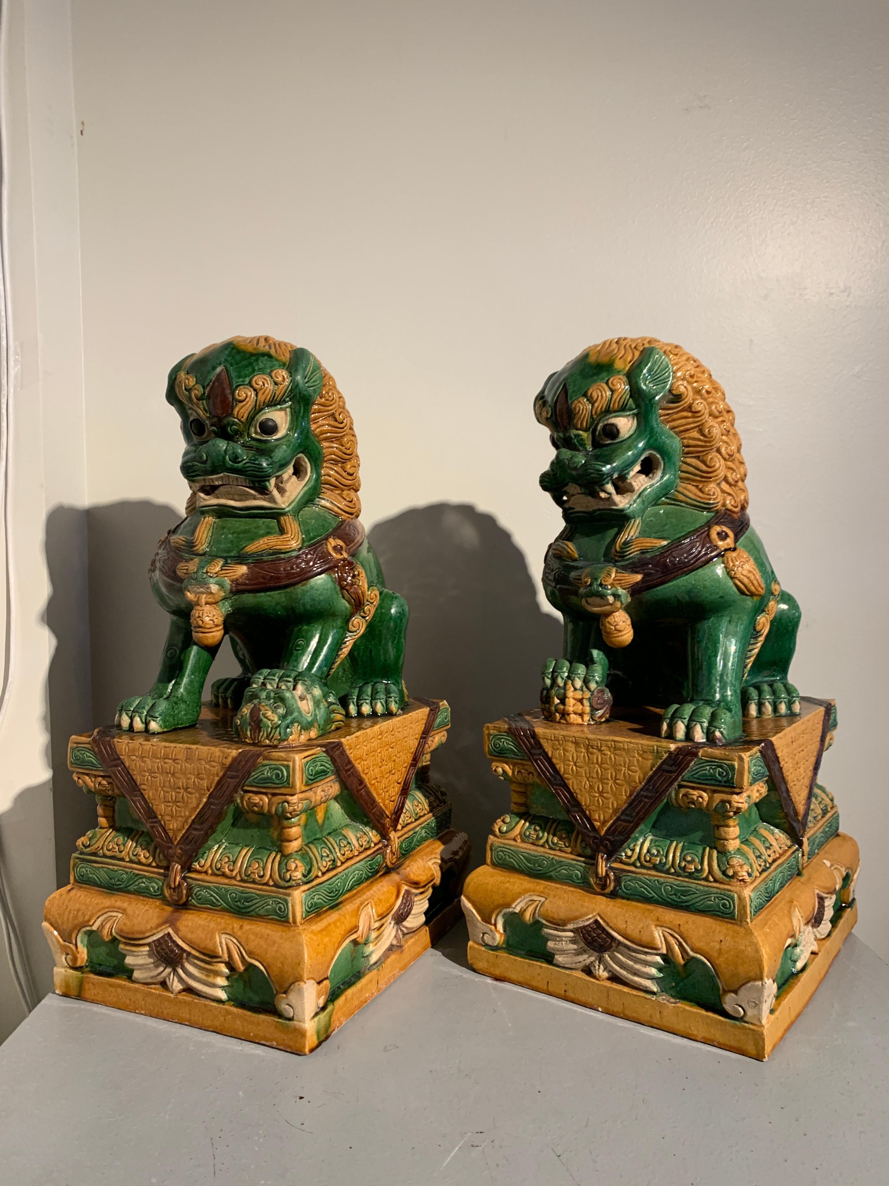 Pair Chinese Sancai Glazed Stoneware Guardian Foo Lions, 1960s, China ...