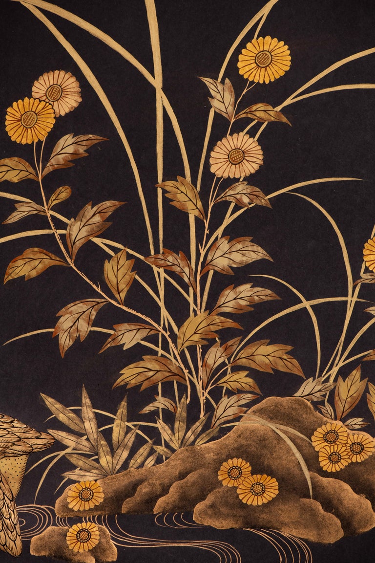 Pair Chinoiserie Hand-Painted Wallpaper Panels of Golden Grouse in ...