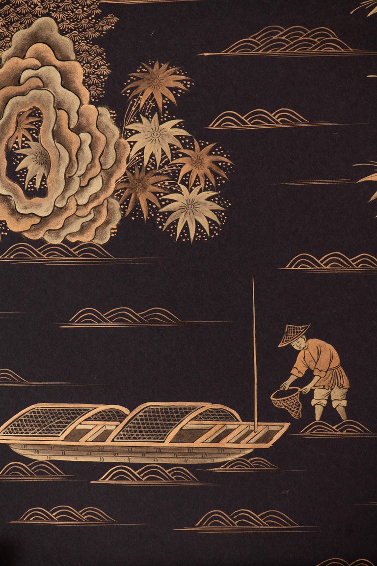 Pair Chinoiserie Hand-Painted Wallpaper Panels of Golden Pavilions on ...
