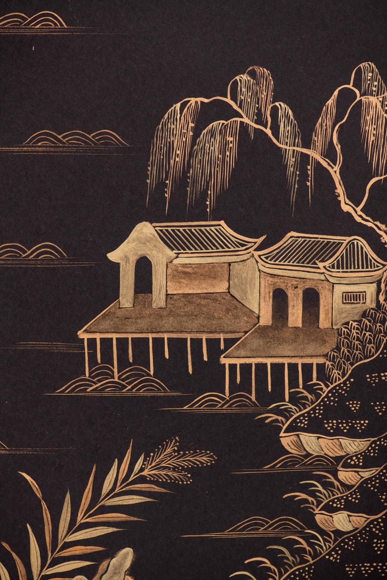 Pair Chinoiserie Hand-Painted Wallpaper Panels of Golden Pavilions on ...