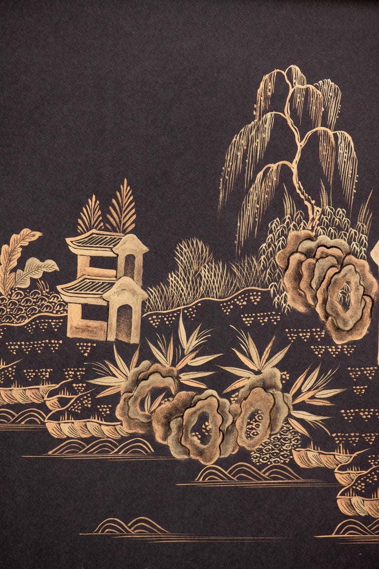 Pair Chinoiserie Hand-Painted Wallpaper Panels of Golden Pavilions on ...