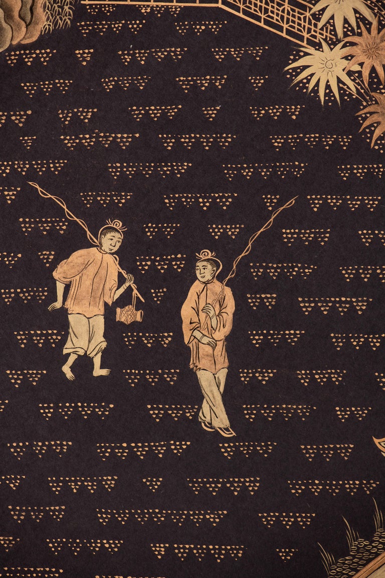 Pair Chinoiserie Hand-Painted Wallpaper Panels of Golden Pavilions on ...