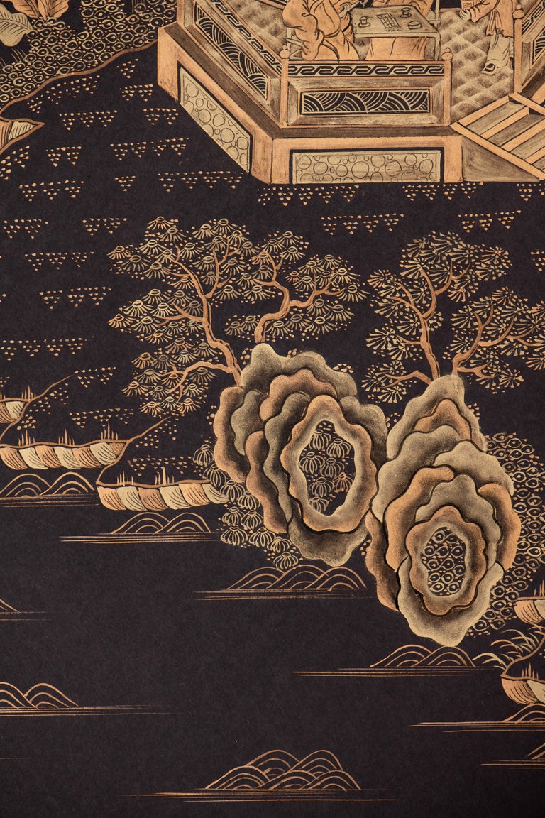 Pair Chinoiserie Hand-Painted Wallpaper Panels of Golden Pavilions on ...