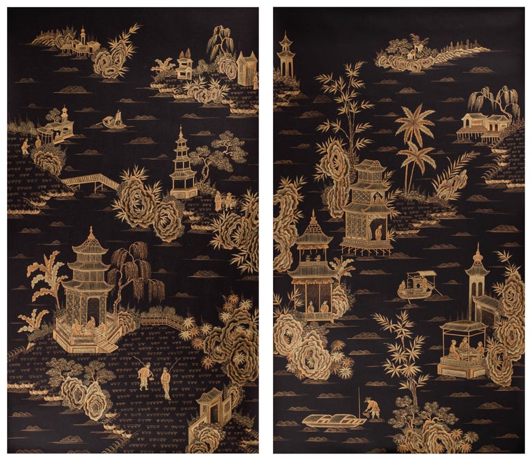 Pair Chinoiserie Hand-Painted Wallpaper Panels of Golden Pavilions on ...