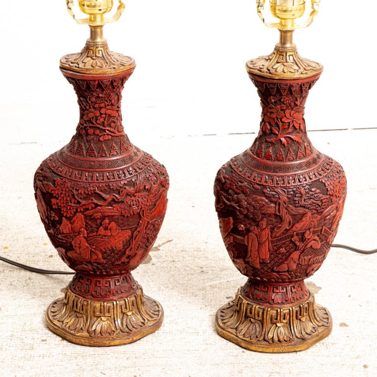 Pair Cinnabar Vases Made into Lamps by Edward i, Farmer-New York For ...