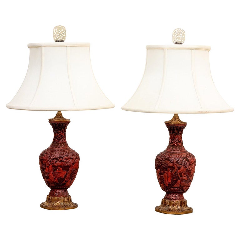 Pair Cinnabar Vases Made into Lamps by Edward i, Farmer-New York For ...