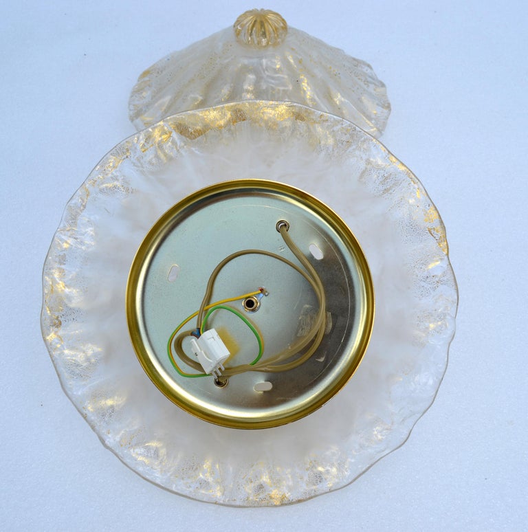Pair, Clear and Gold Flecks Infused Murano Glass and Brass Flush Mount ...