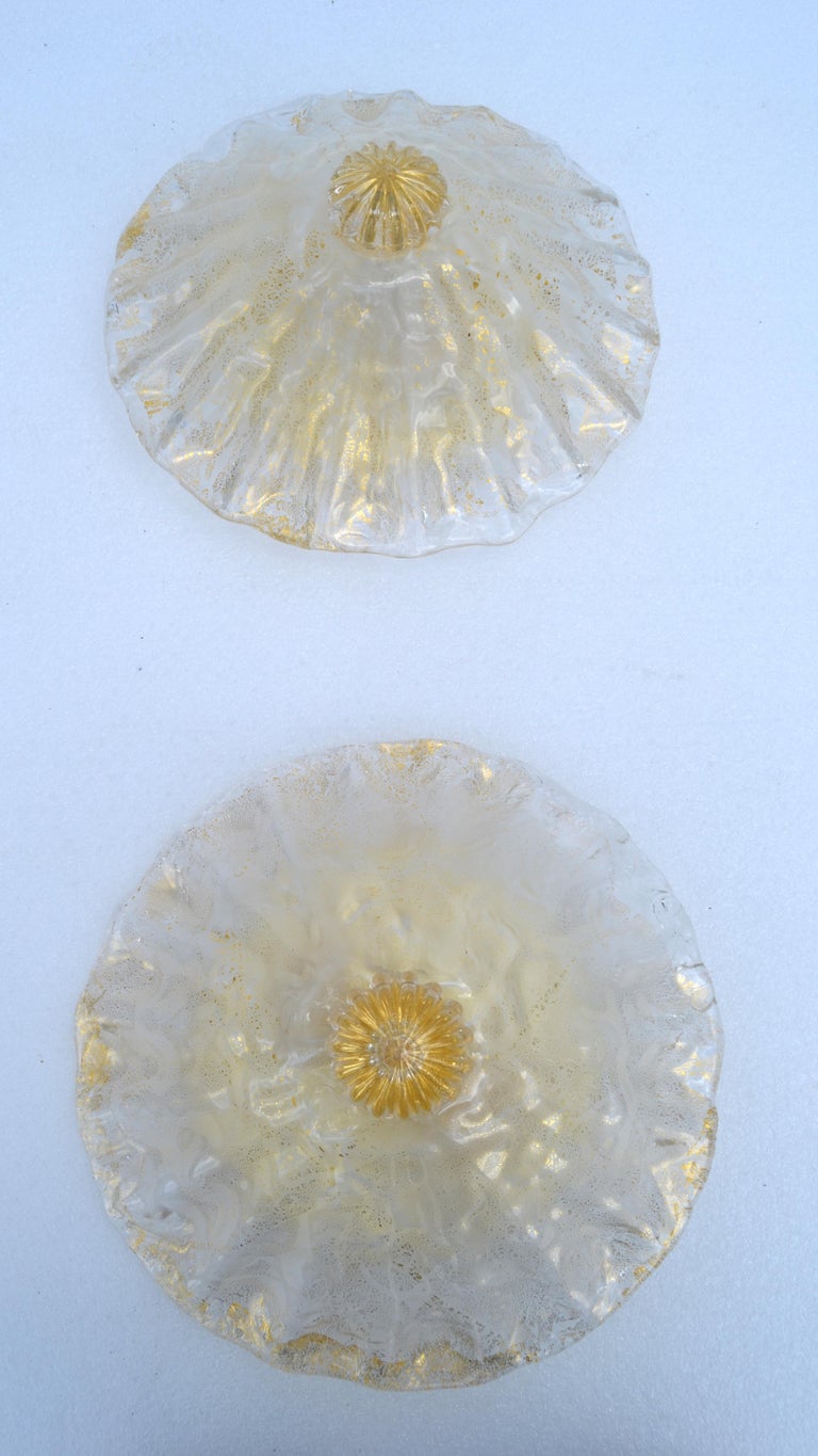 Pair, Clear and Gold Flecks Infused Murano Glass and Brass Flush Mount ...