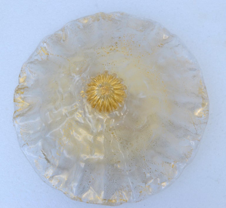 Pair, Clear and Gold Flecks Infused Murano Glass and Brass Flush Mount ...