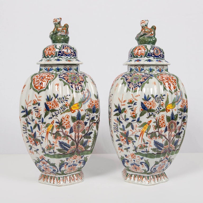 Pair of Colorful 19th Century Dutch Delft Jars Made, circa 1880 at 1stDibs