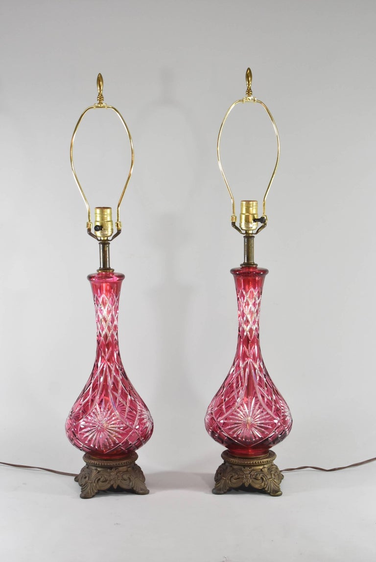 Pair of Cranberry Glass Cut to Clear Single Socket Table Lamps at ...