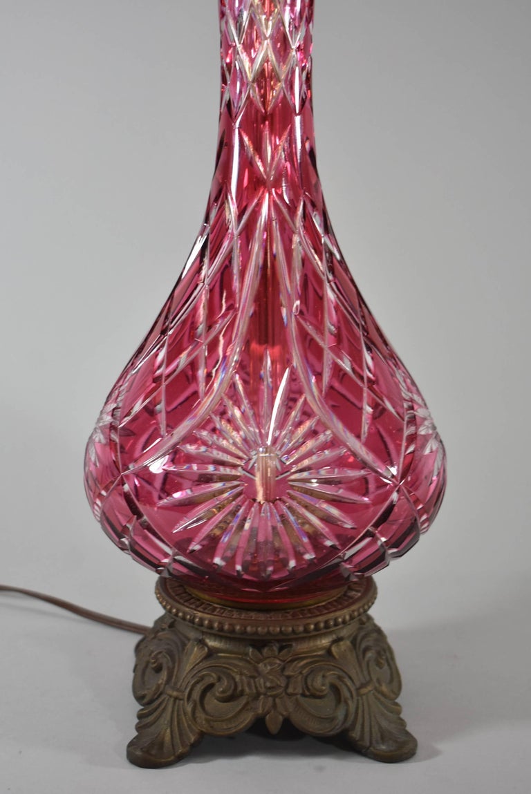 Pair of Cranberry Glass Cut to Clear Single Socket Table Lamps at ...