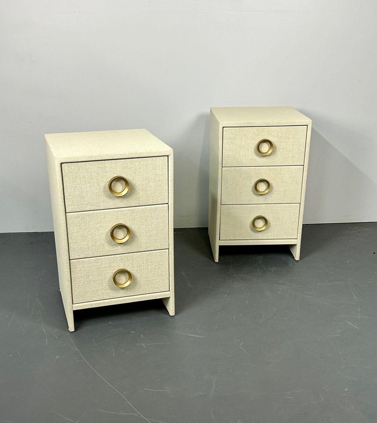 Pair Custom Linen Wrapped Nightstands, End or Side Tables, Beige ...