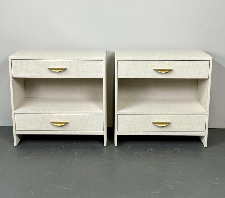 Pair Custom Linen Wrapped Open Commodes, Chests, Nightstands, White ...