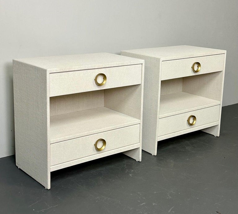 Pair Custom Linen Wrapped Open Commodes, Chests, Nightstands, White ...