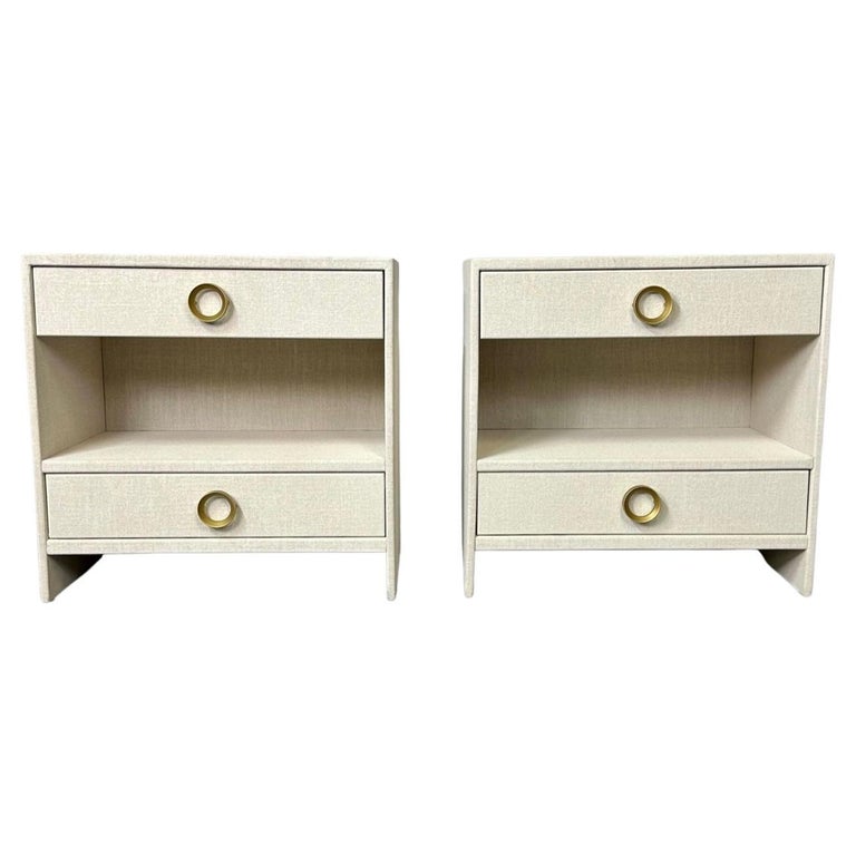 Pair Custom Linen Wrapped Open Commodes, Chests, Nightstands, White ...