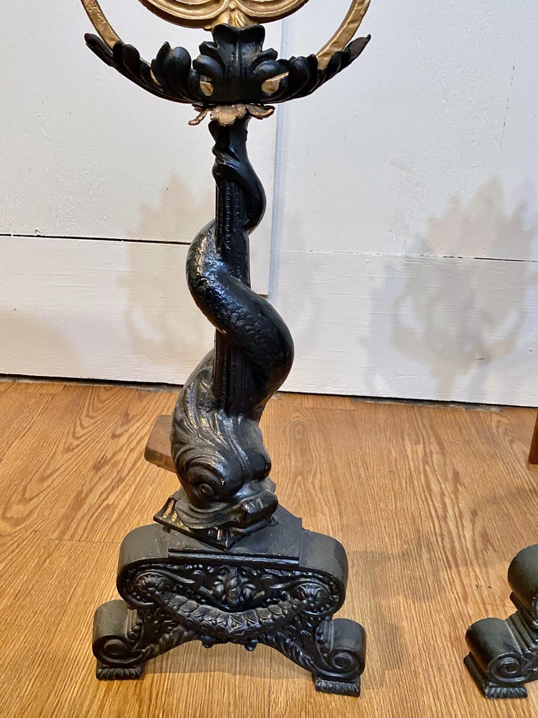 Pair Dolphin and Sailing Ship American Andirons For Sale at 1stDibs