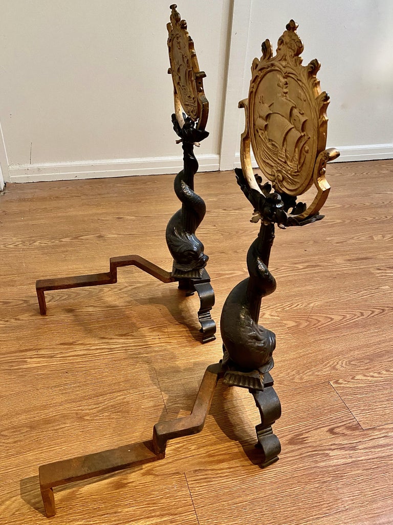 Pair Dolphin and Sailing Ship American Andirons For Sale at 1stDibs