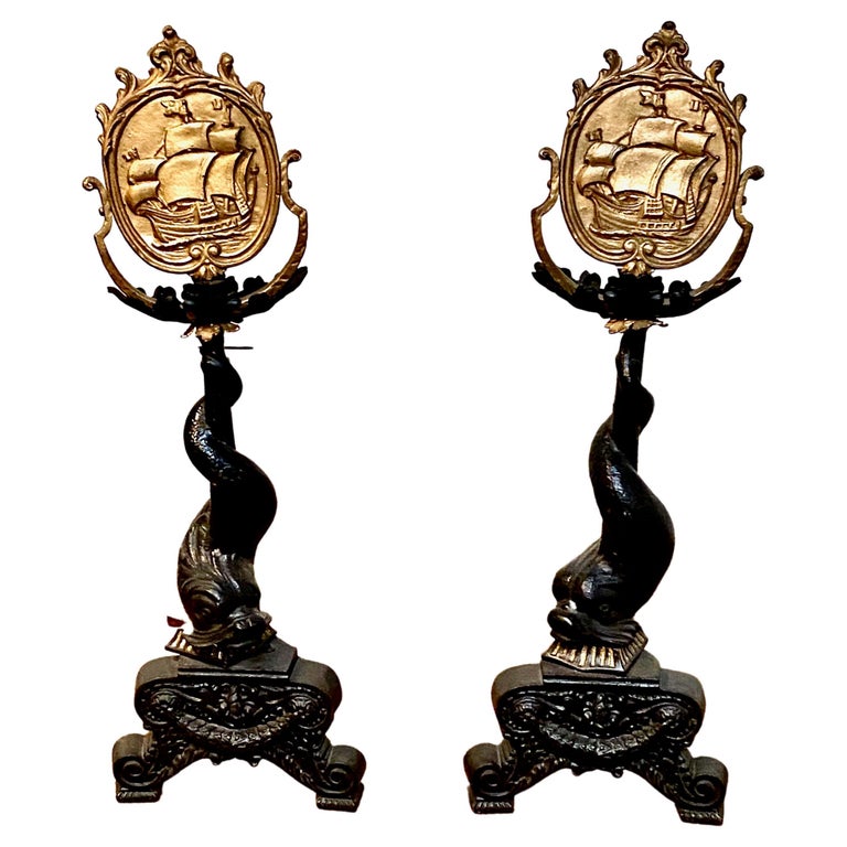 Pair Dolphin and Sailing Ship American Andirons For Sale at 1stDibs