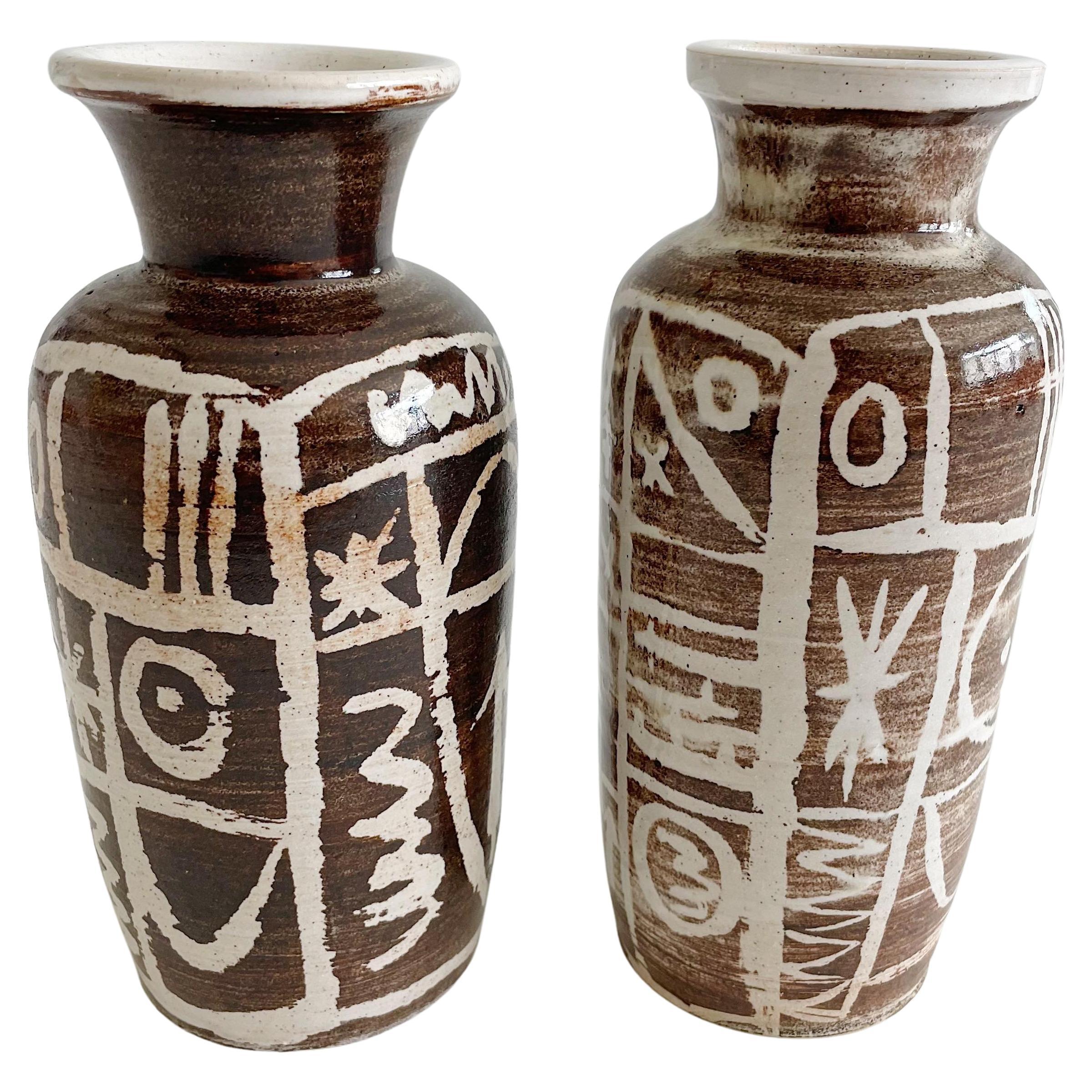 Mid-Century Brown and White Stripe Pottery Vase at 1stDibs