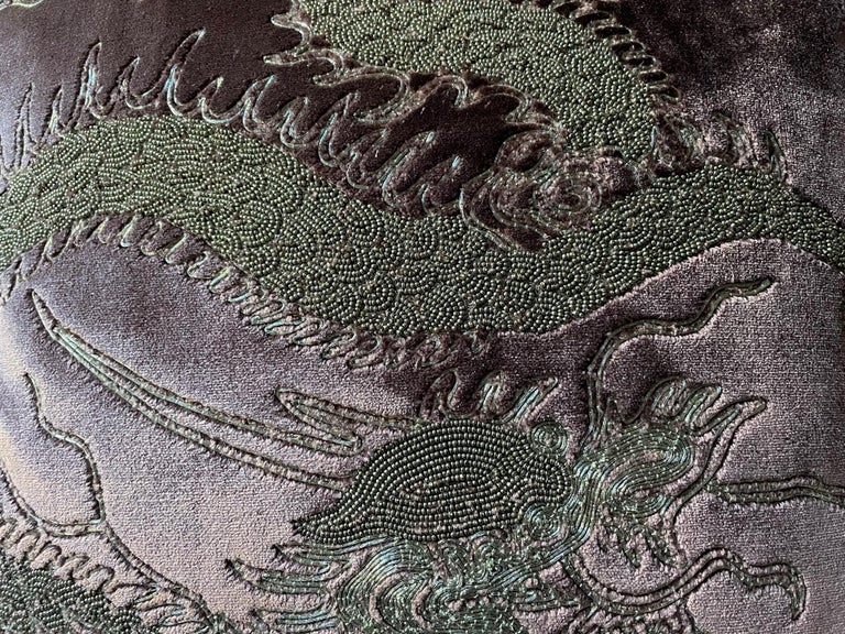 Pair Dragon Cushions Hand Embroidery Silver Beading on Silk Velvet Color Heather For Sale at 1stDibs
